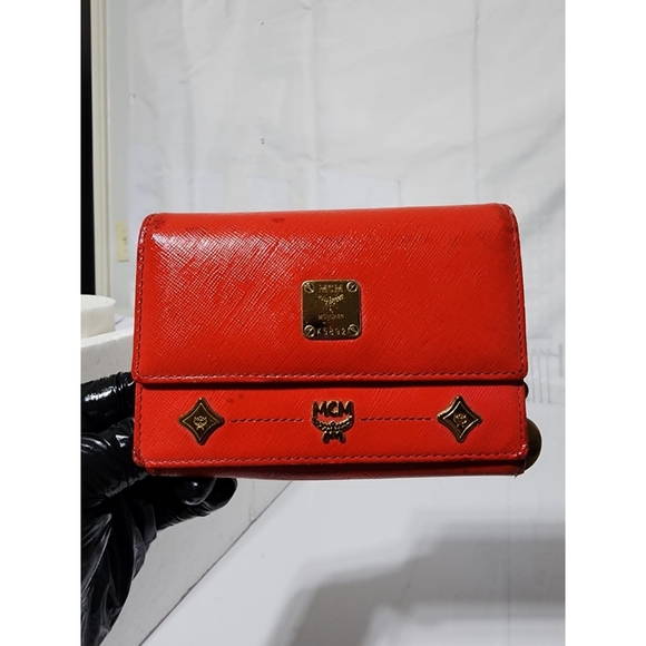 MCM | Bags | Mcm Studded Leather Trifold Wallet Red | Poshmark